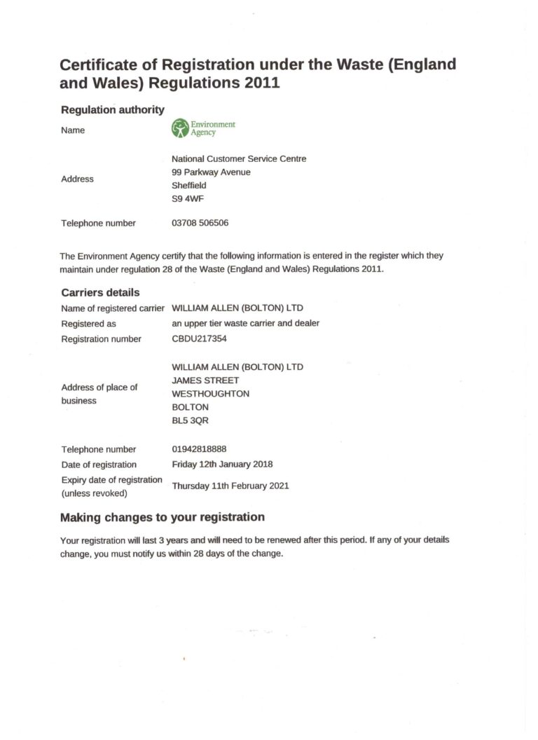 Waste Carriers License - Allen Transport